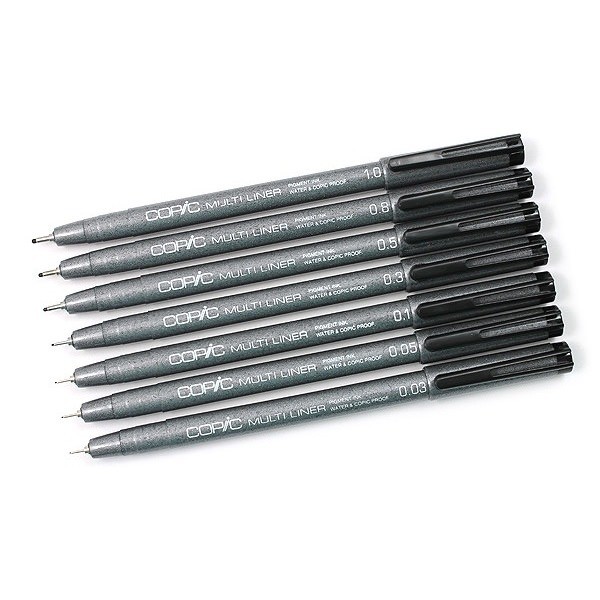 Copic Multiliner A-2 Set de 7 (003, 005, 01, 03, 05, 08, 1) - Negro