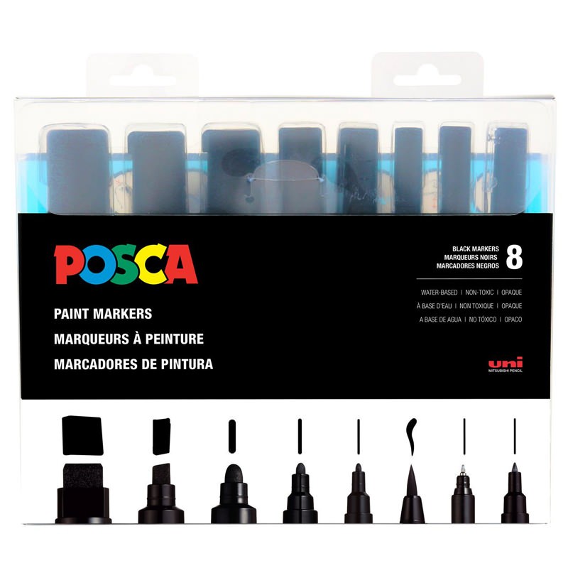 Posca Set of All Black - Set de 8 (Incluye todas las medidas)