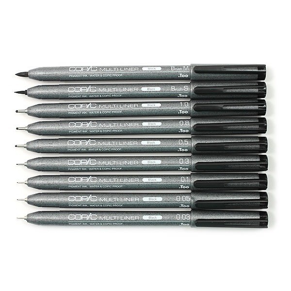 Copic Multiliner B-2 Set de 9 (003, 005, 01, 03, 05, 08, 1, BS, BM) - Negro