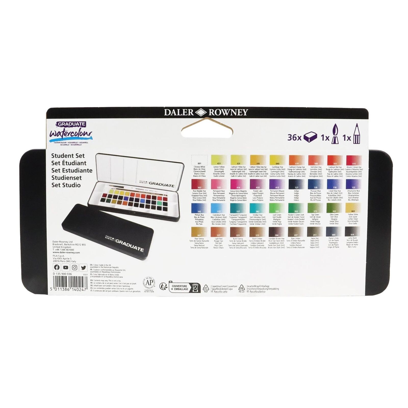 Daler Rowney Graduate Set de acuarelas con caja metálica - 36 colores ...